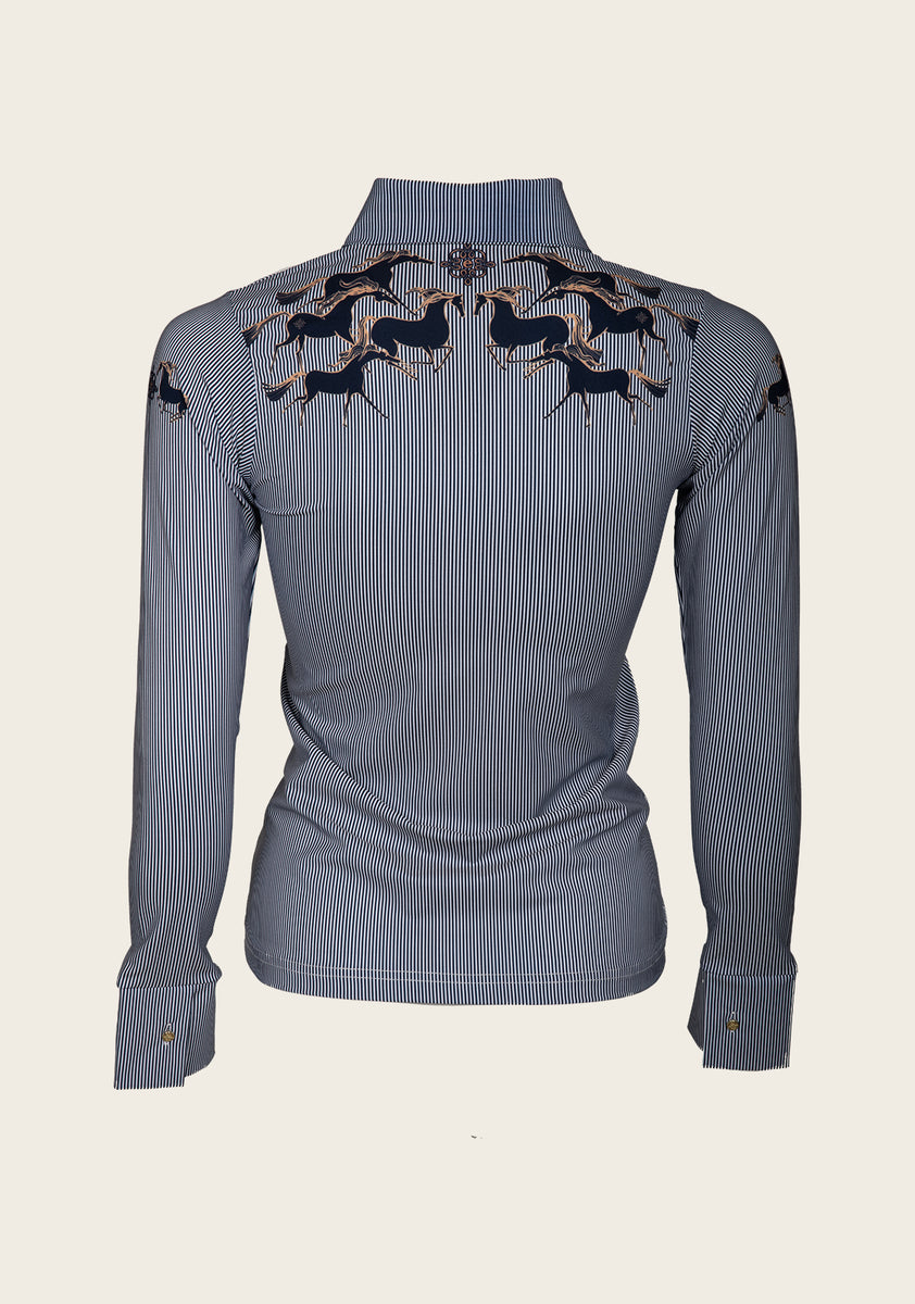 Running Horses Navy Ladies’ Button Sun Shirt – Espoir Equestrian